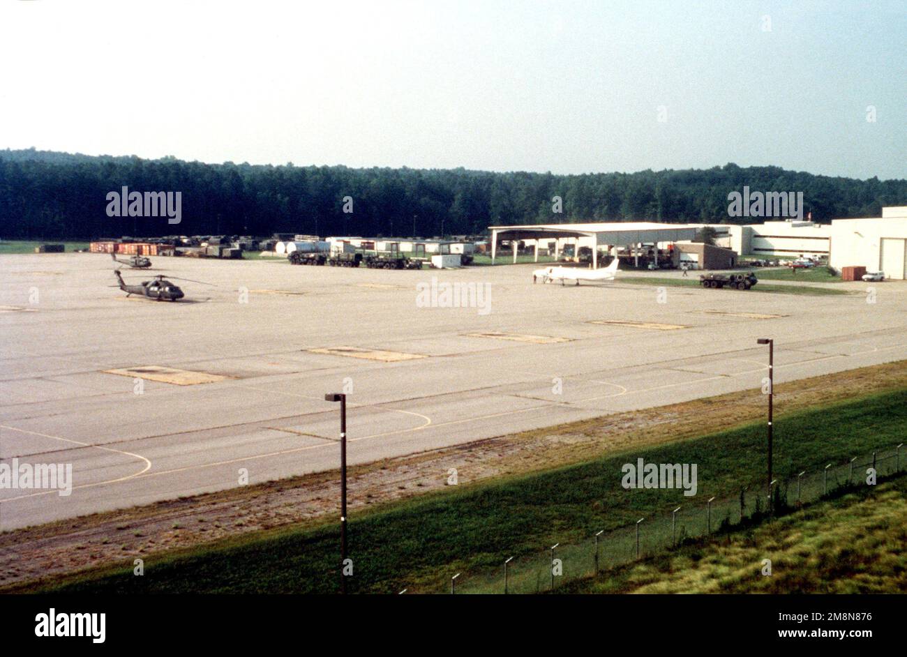 An aerial view of the tarmac and hangar facilities of the North ...