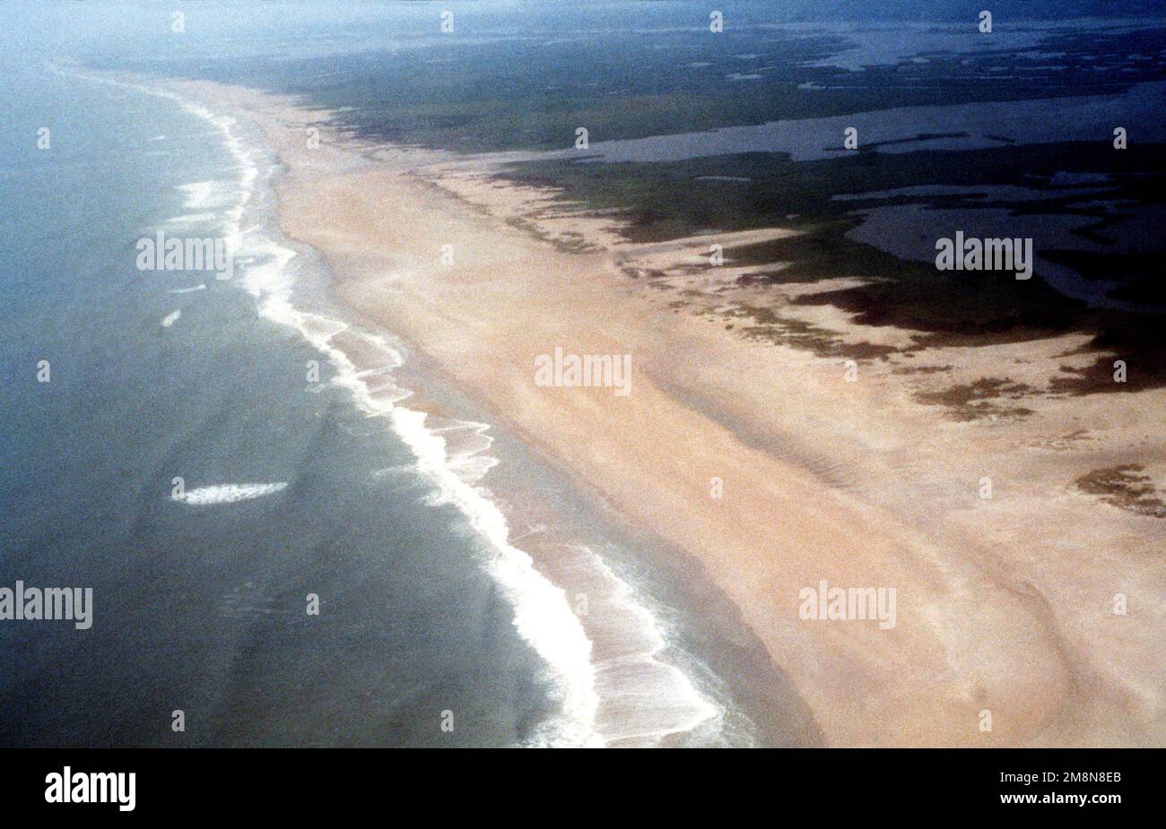 An aerial view along the coast of New River, North Carolina showing ...