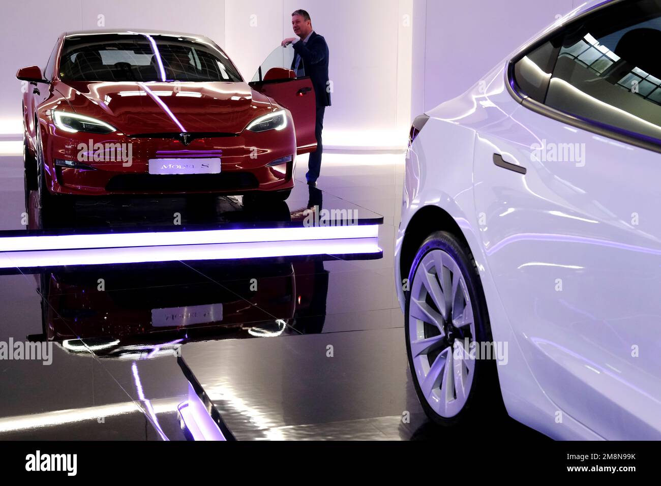 Brussels, Belgium. 13th Jan, 2023. Tesla car on display during the ...