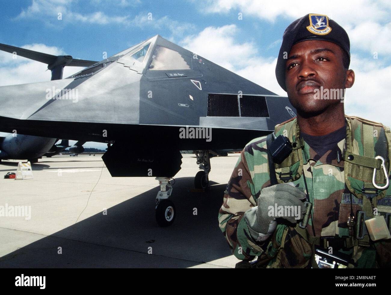 Straight on medium close-up from the waist up at USAF SENIOR AIRMAN ...