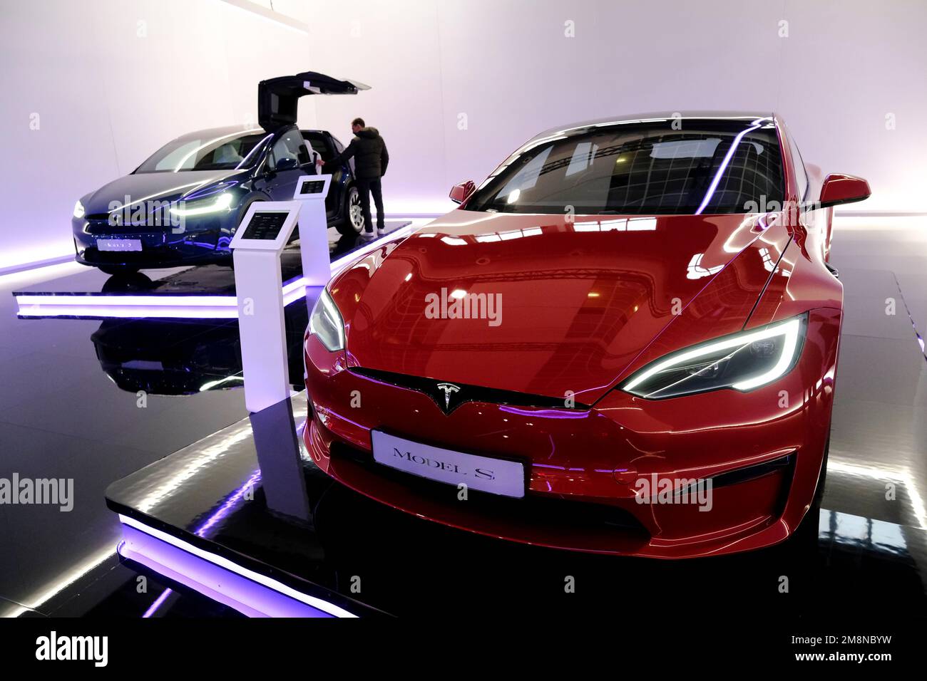 Brussels, Belgium. 13th Jan, 2023. Tesla car on display during the ...