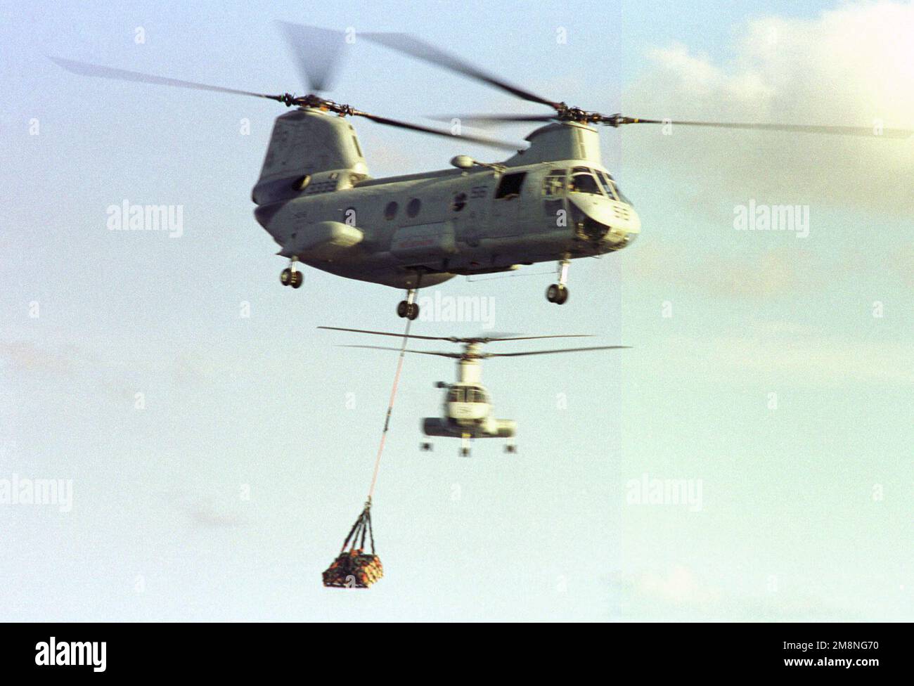 Two CH-46 Sea Knight Cargo Helicopters from HC-8 "Wildcards" transfer ...
