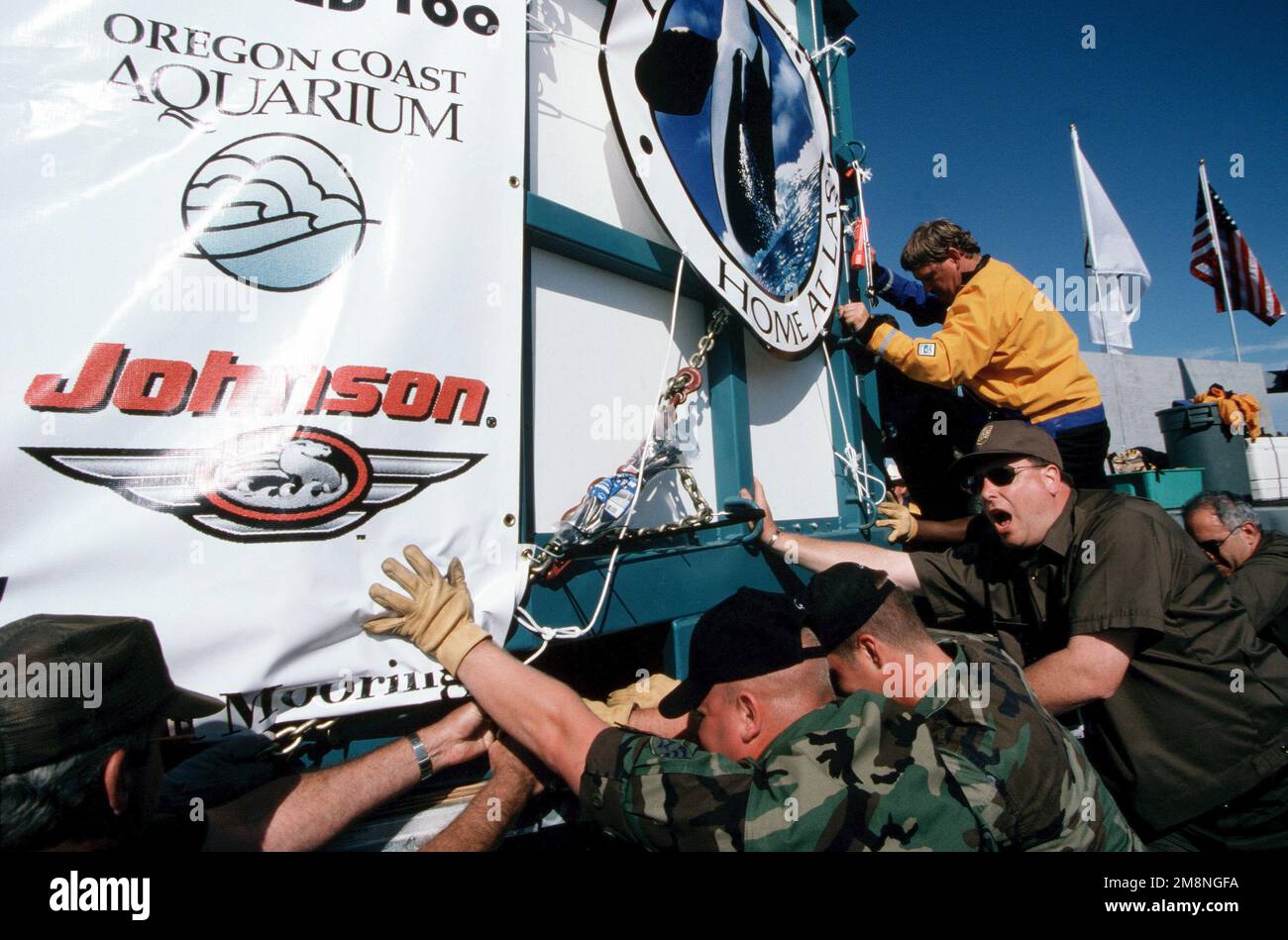 Aerial porters, loadmasters and Keiko's team moved the whale and his ...