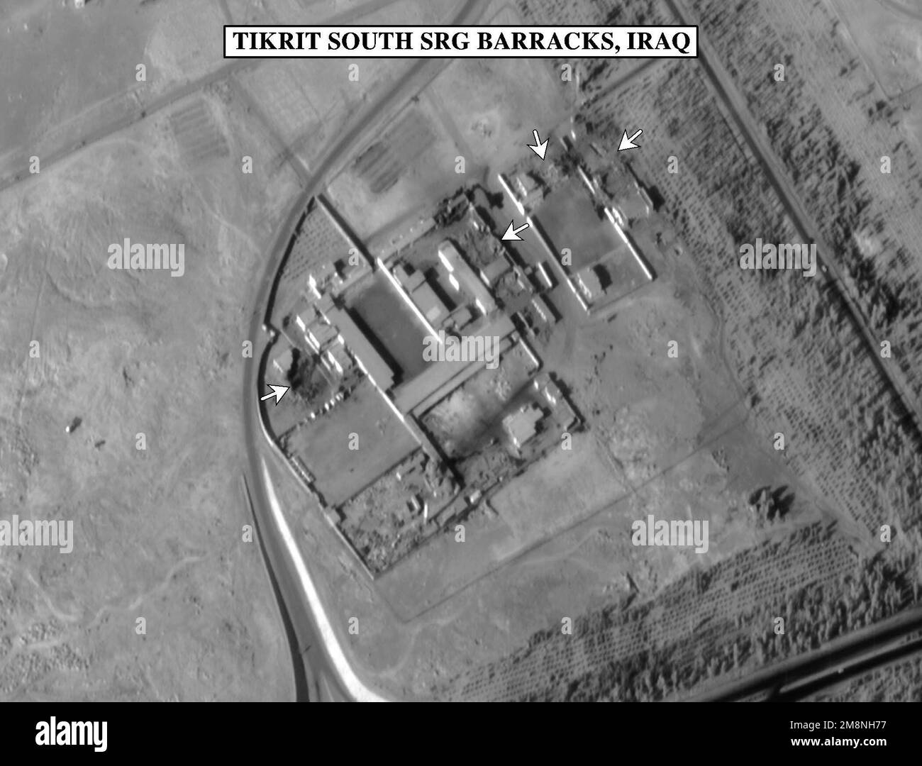 A bomb damage assessment photograph of the Tikrit South SRG Barracks in ...