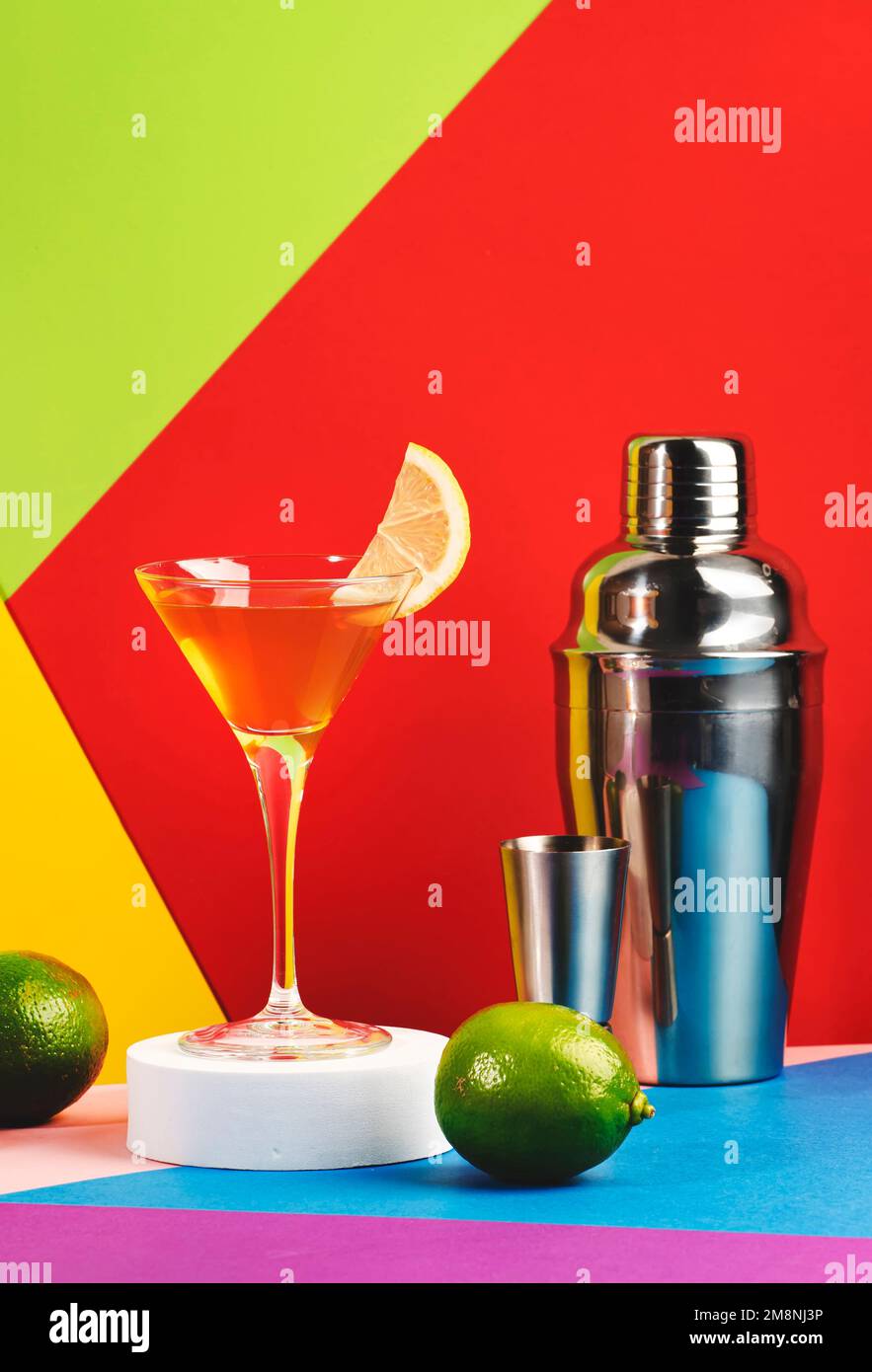 Yellow bird alcoholic cocktail with white rum, liquor and lime juice in ...