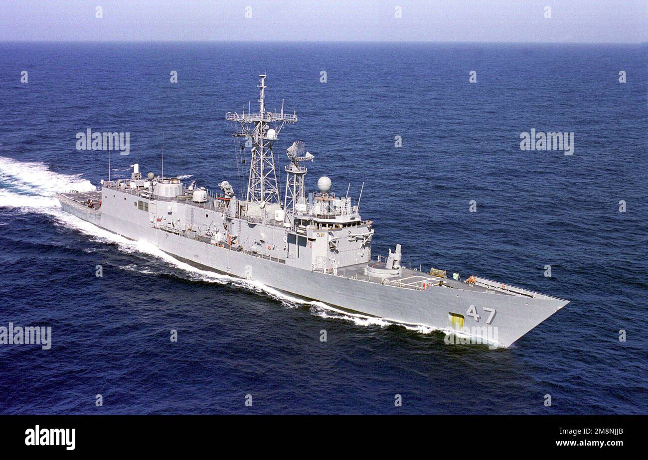 Shot of USS NICHOLAS (FFG 47) underway in the Aegean Sea. Nicholas is ...