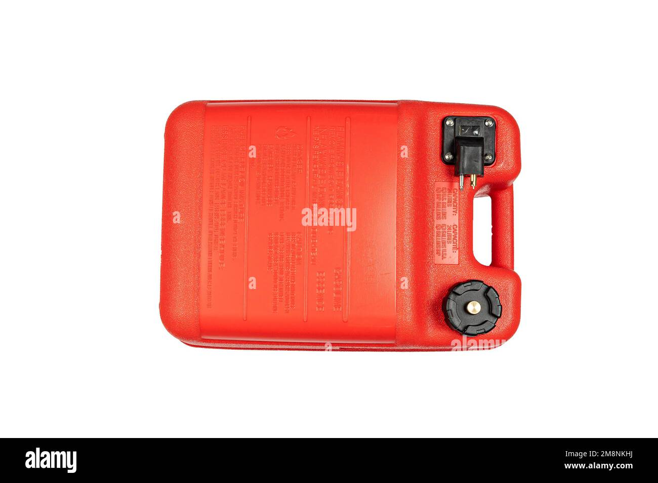 A red portable plastic fuel tank of 24-25 liters with a handle and a ...