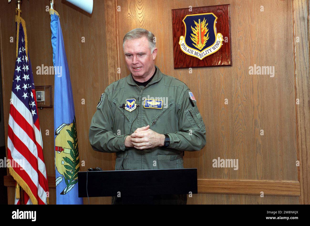 Straight on medium shot of USAF CHIEF of STAFF General Michael Ryan as ...