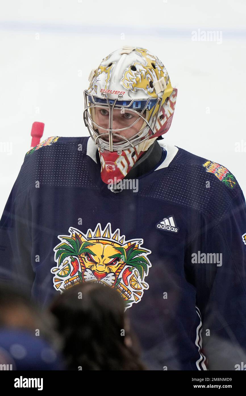 Florida Panthers goaltender Alex Lyon looks out into the crowd a he ...
