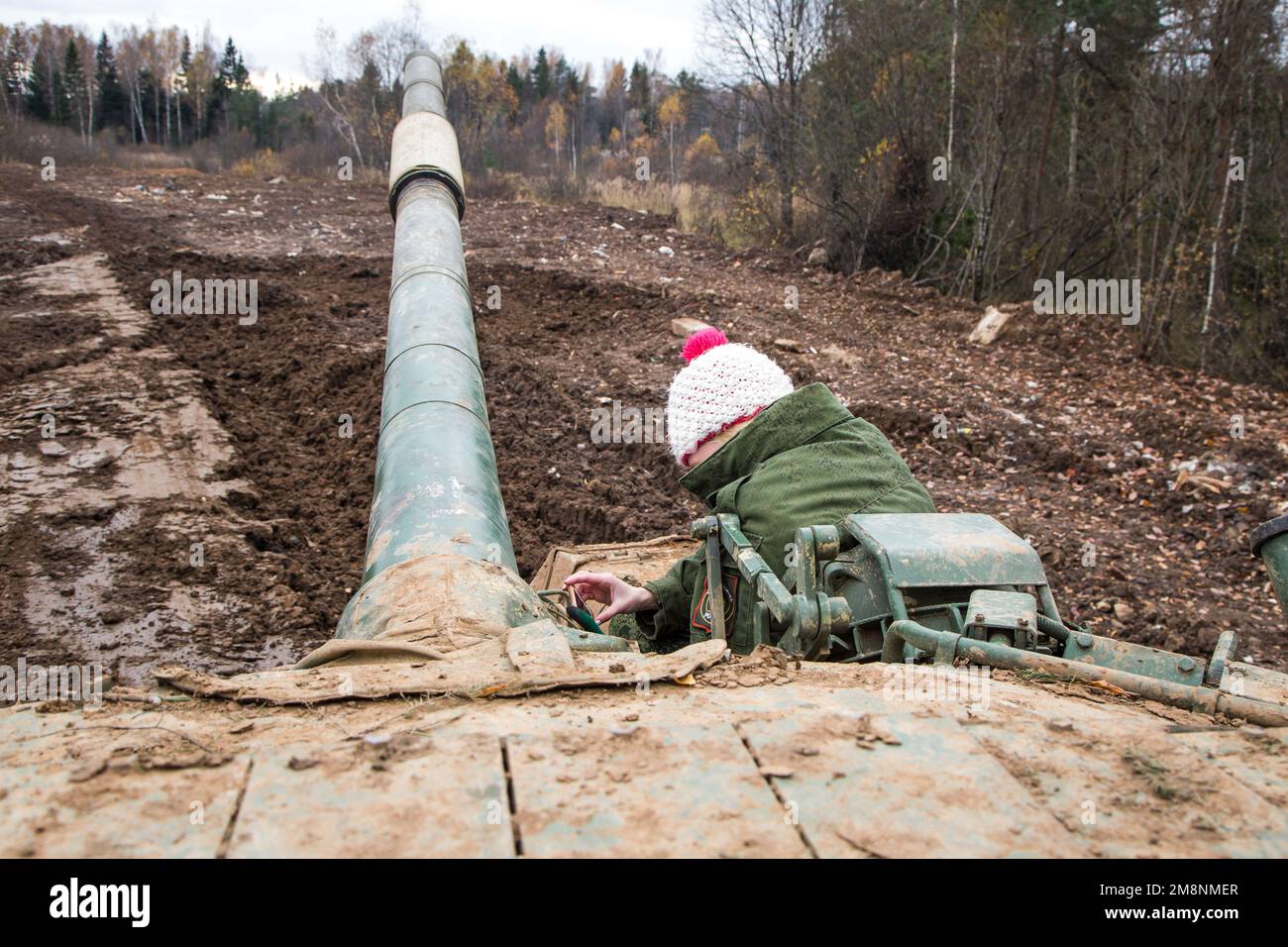 Russian tank rides on a forest road Stock Photo - Alamy