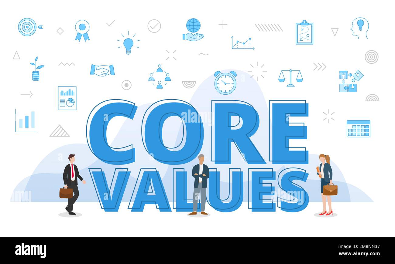 core values concept with big words and people surrounded by related ...