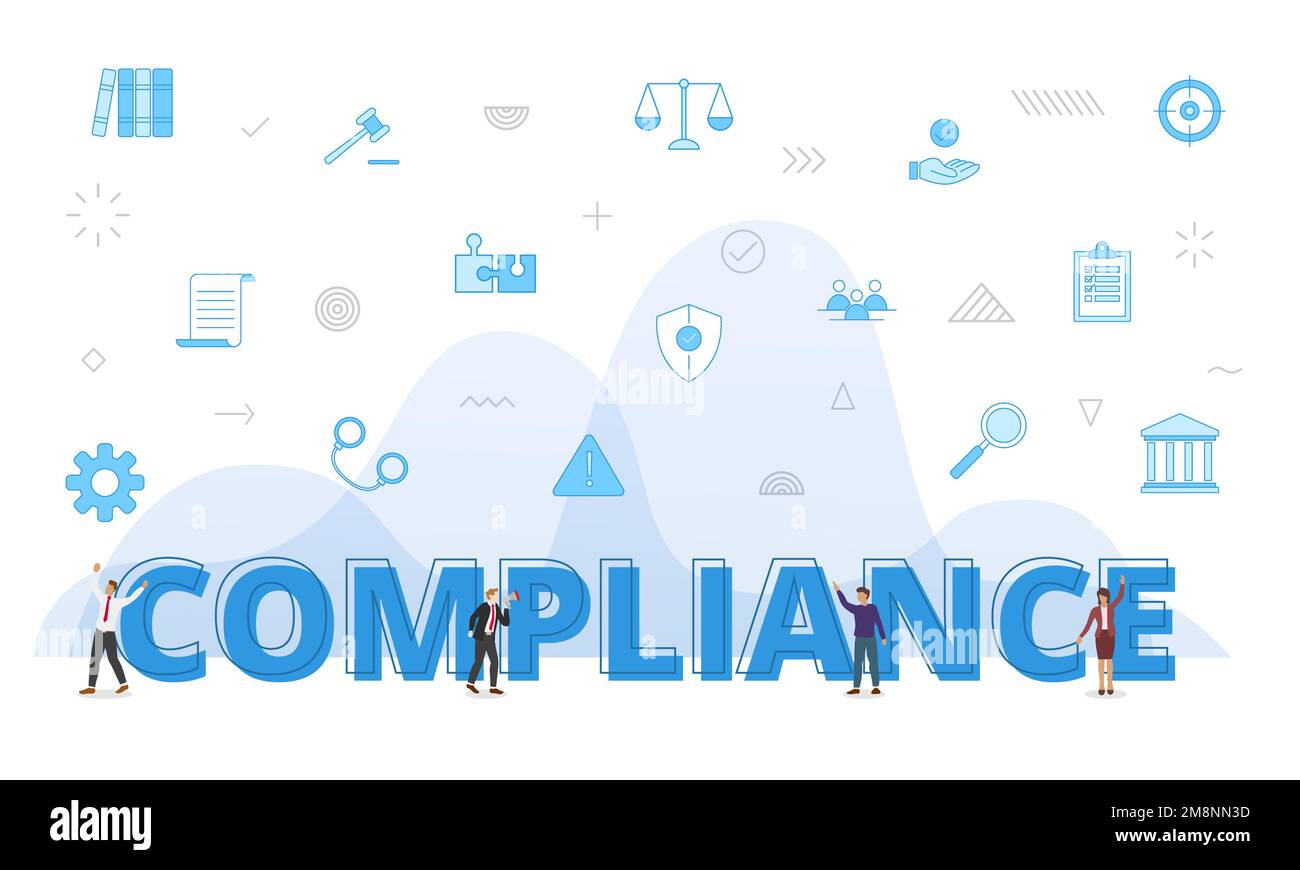 compliance concept with big words and people surrounded by related icon ...