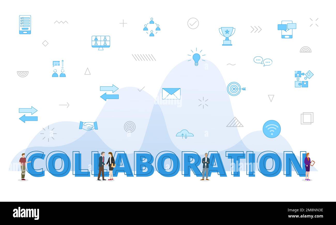 business collaboration concept with big words and people surrounded by ...