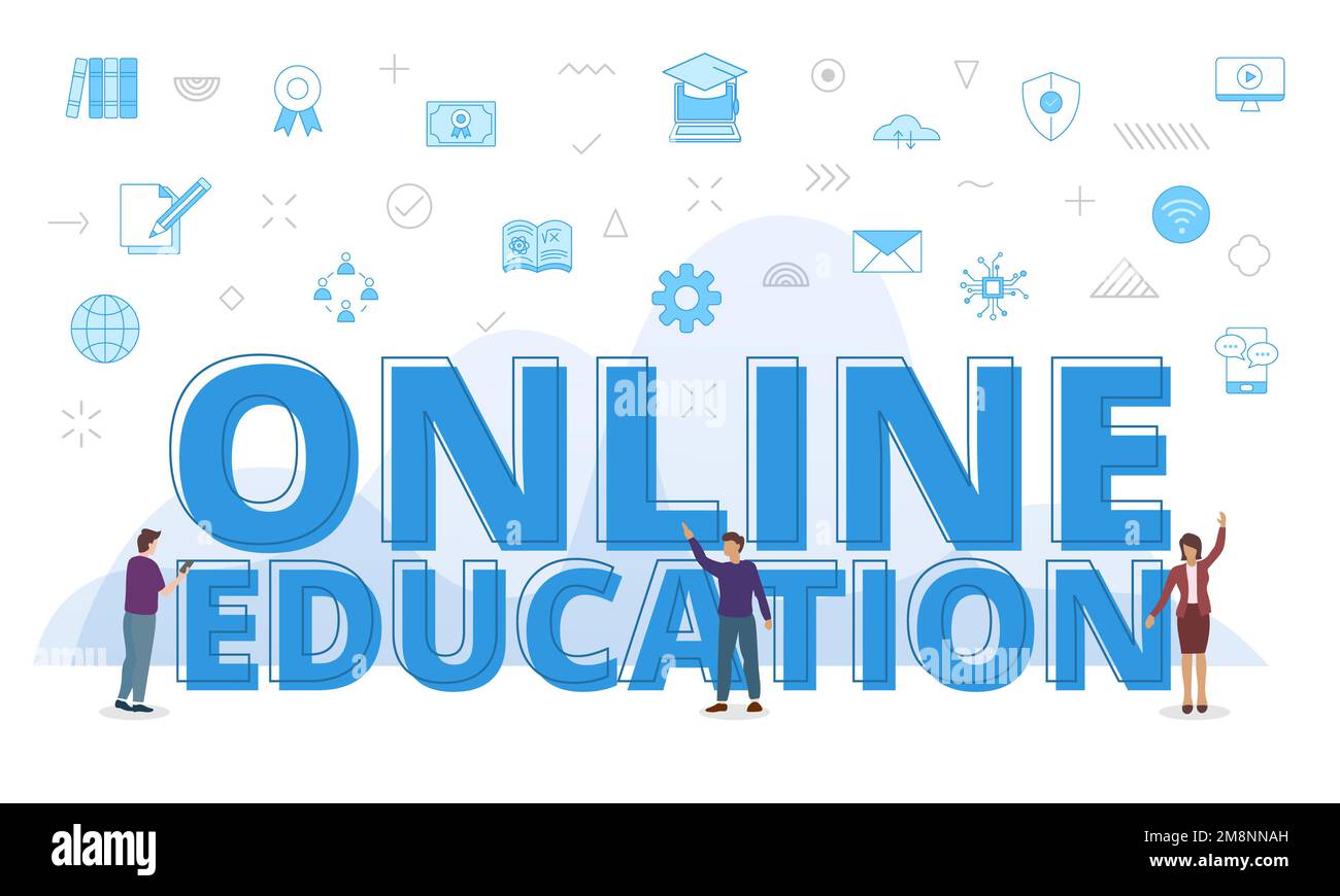 online education concept with big words and people surrounded by ...