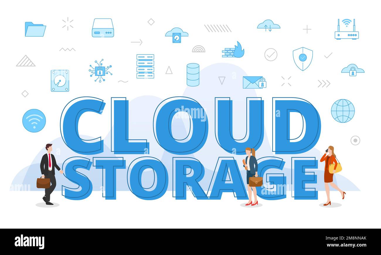 cloud storage concept with big words and people surrounded by related icon with blue color style ...