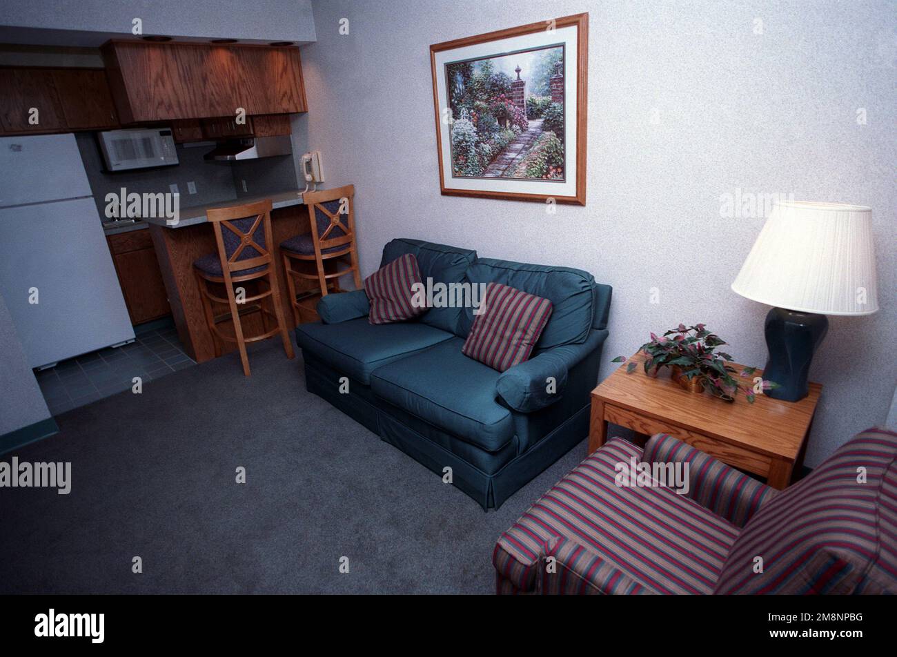 An interior view of the living room, kitchenette and bedroom of the ...