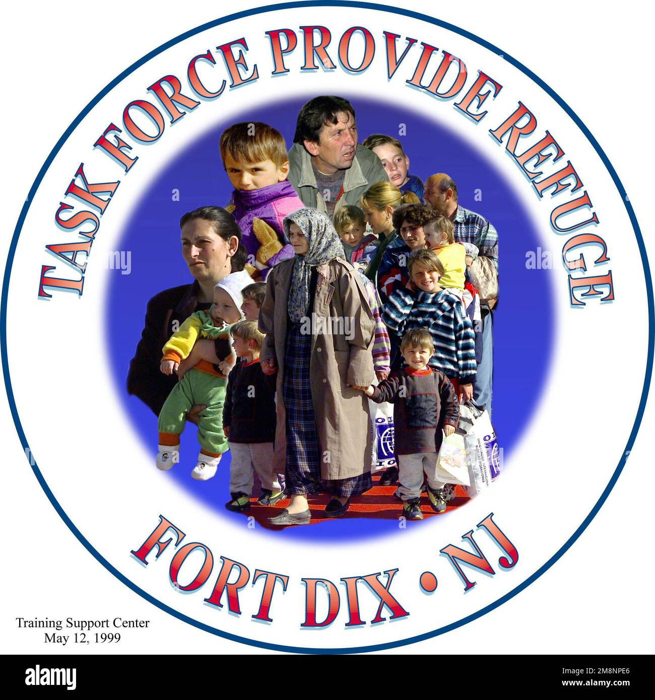 Image of a poster. In the center are a group of Kosovo refugees. Around ...