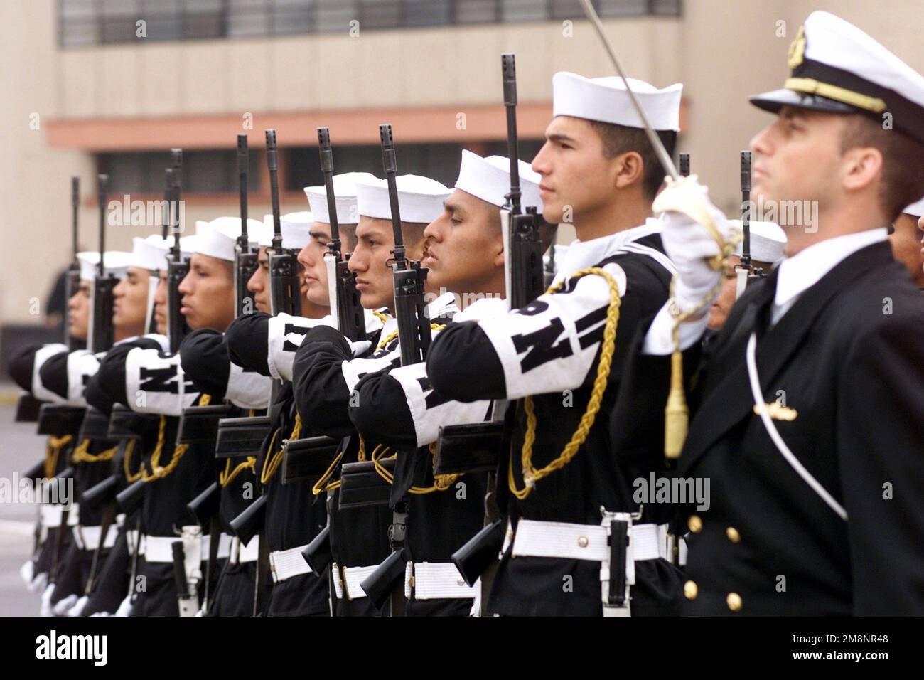 A Peruvian Navy Honor Guard stands by during a ceremony in which a ...