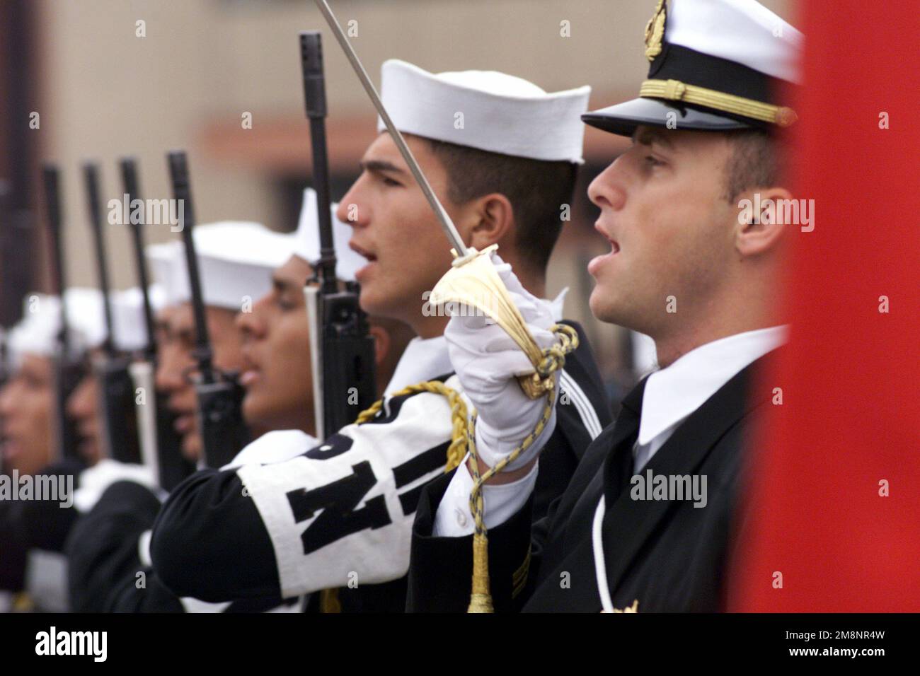 The Peruvian navy Honor Guard sing their national anthem during an ...