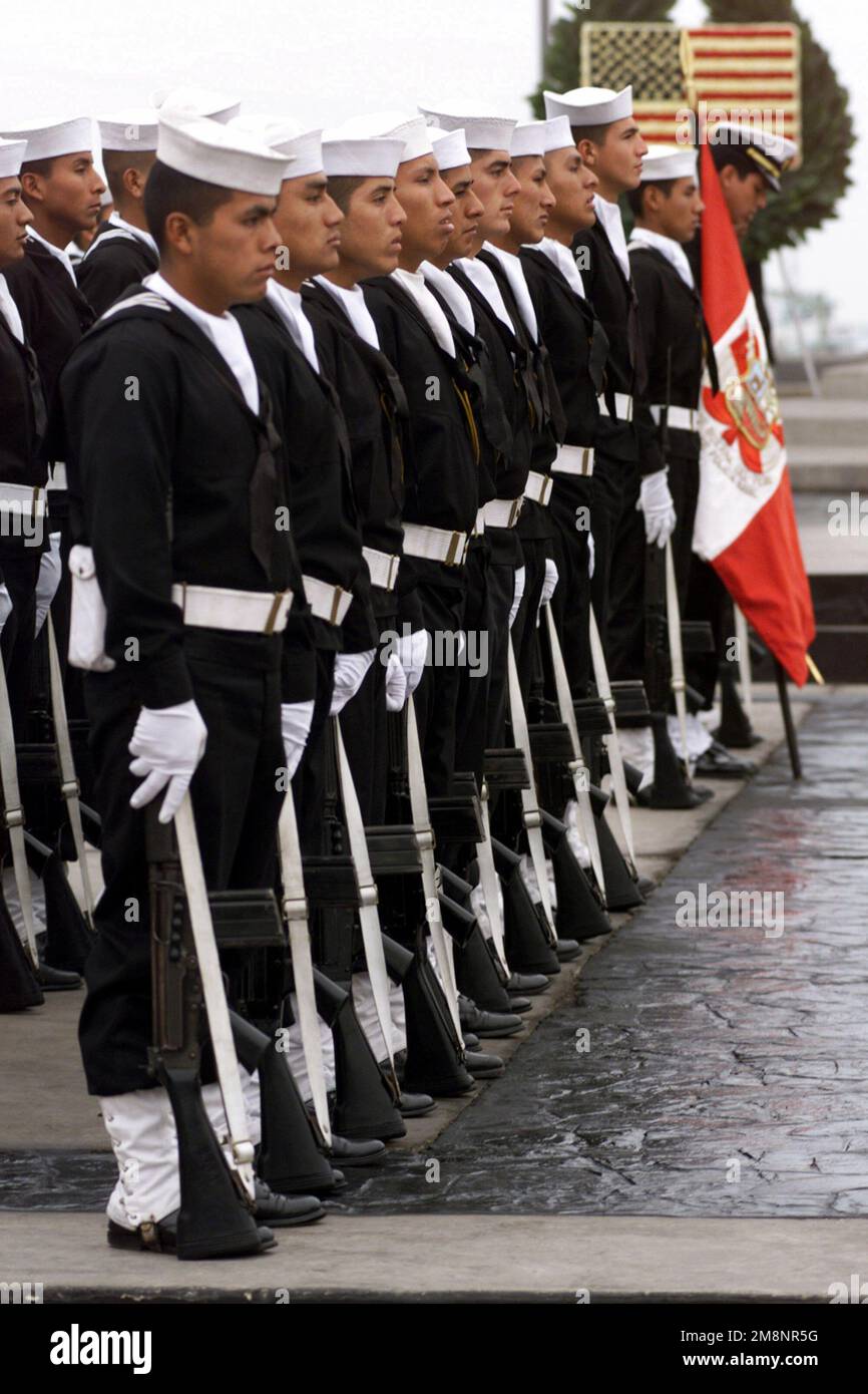 A Peruvian Navy Honor Guard stands by during a ceremony in which a ...