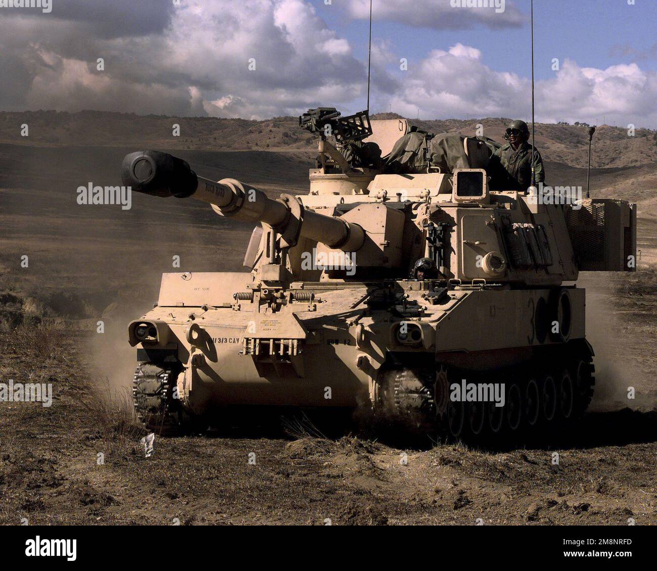 Left side front view, medium shot of a US Army M109A2 Self-Propelled ...