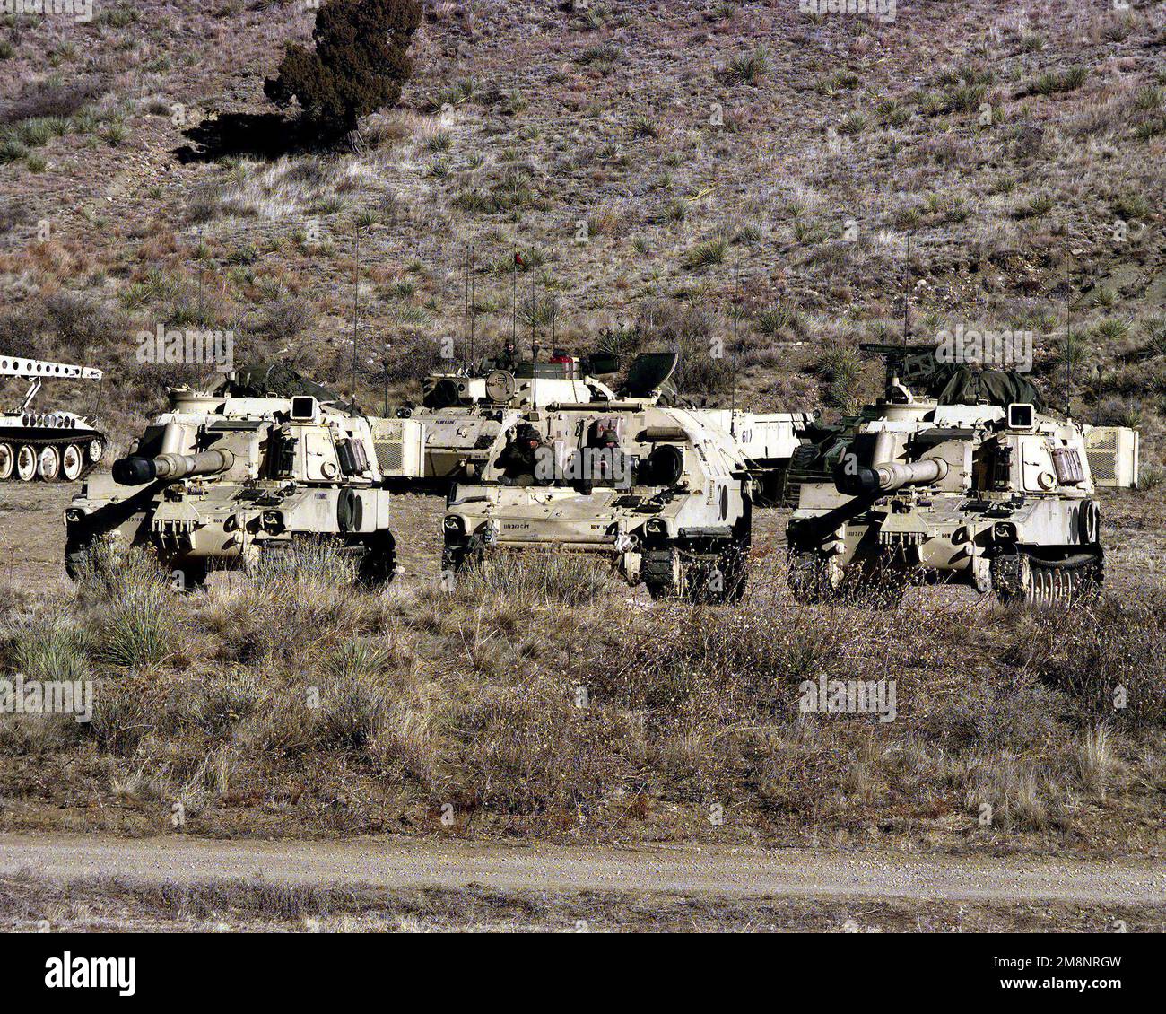 Straight on medium shot of two M109A2 Self-Propelled Howitzers (On the ...