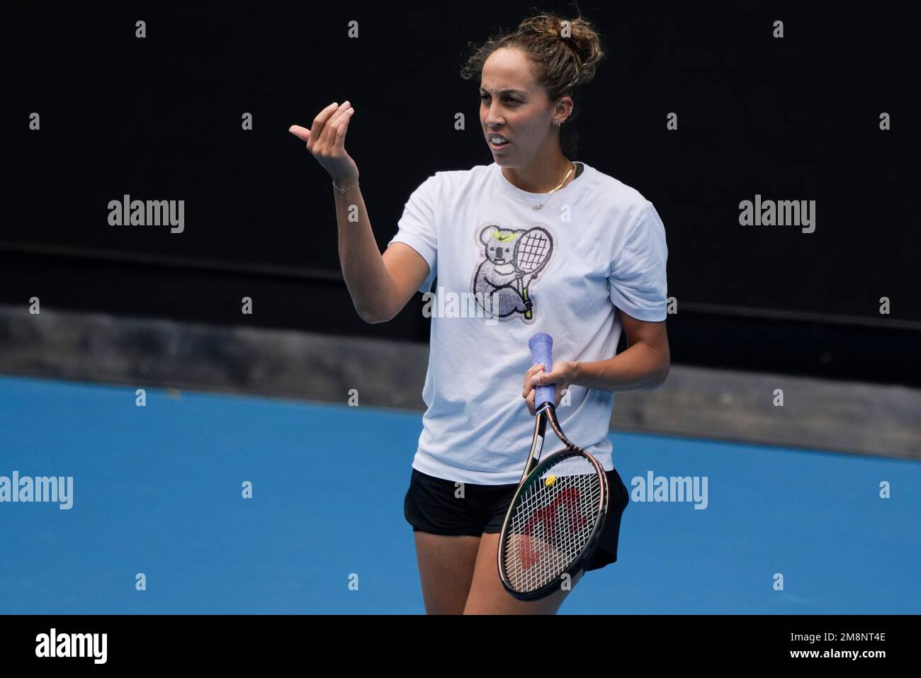 United States' Madison Keys gestures during a training session ahead of ...
