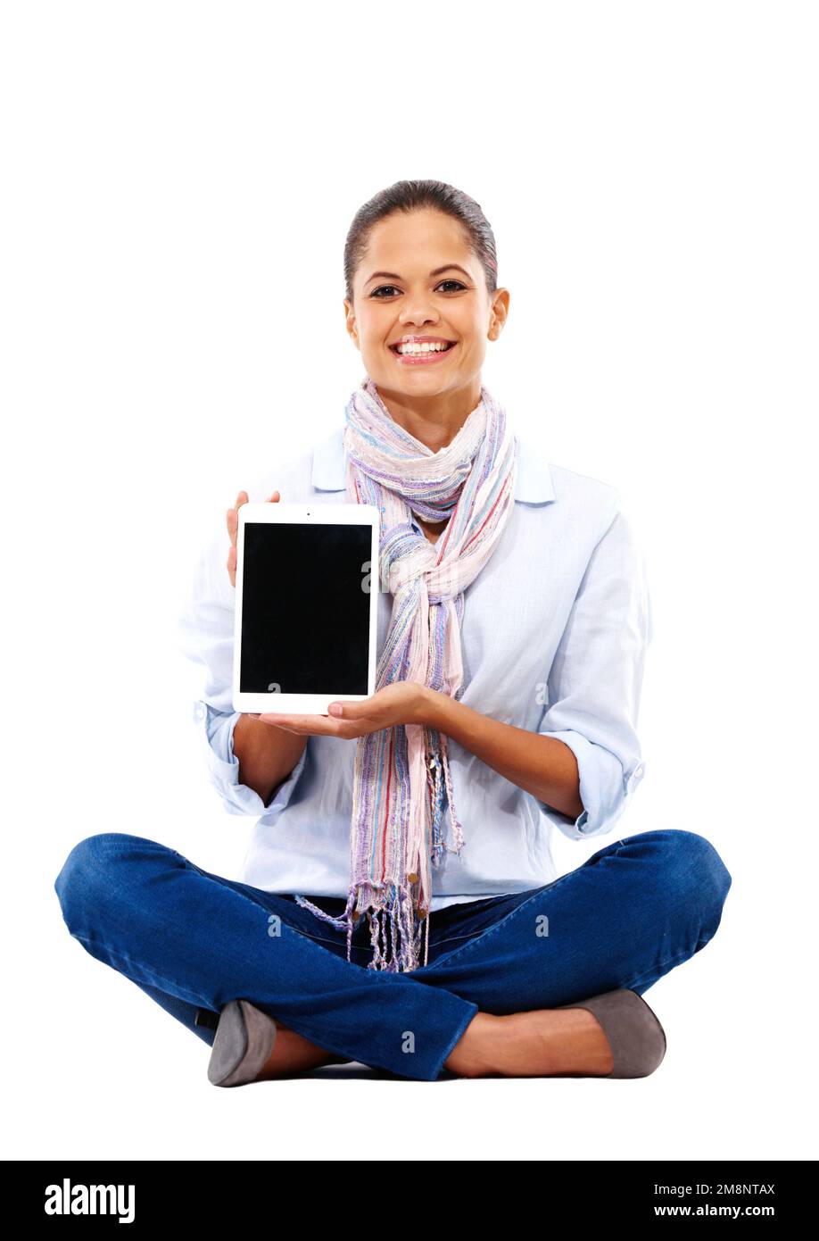Woman, portrait or tablet screen mockup on isolated white background ...