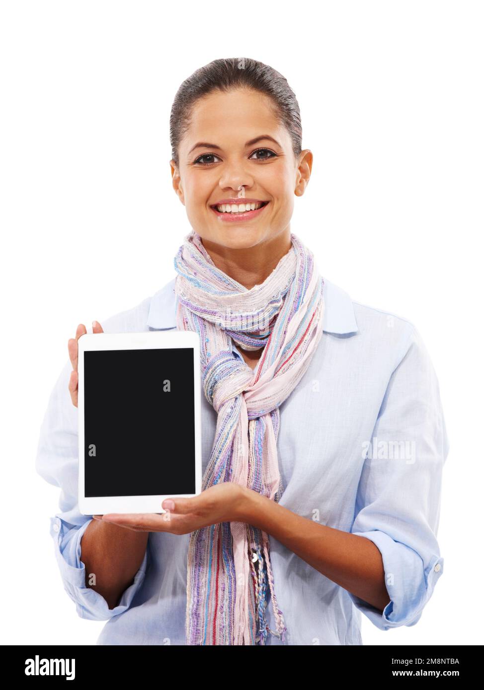 Woman, portrait or showing tablet mockup on isolated white background for social media or ...