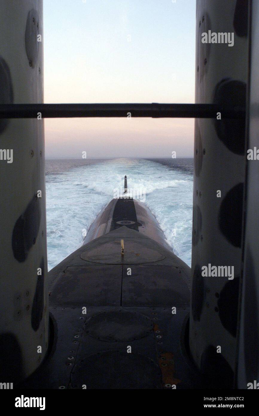 The view looking aft from the bridge as USS TUCSON (SSN 770) heads out ...