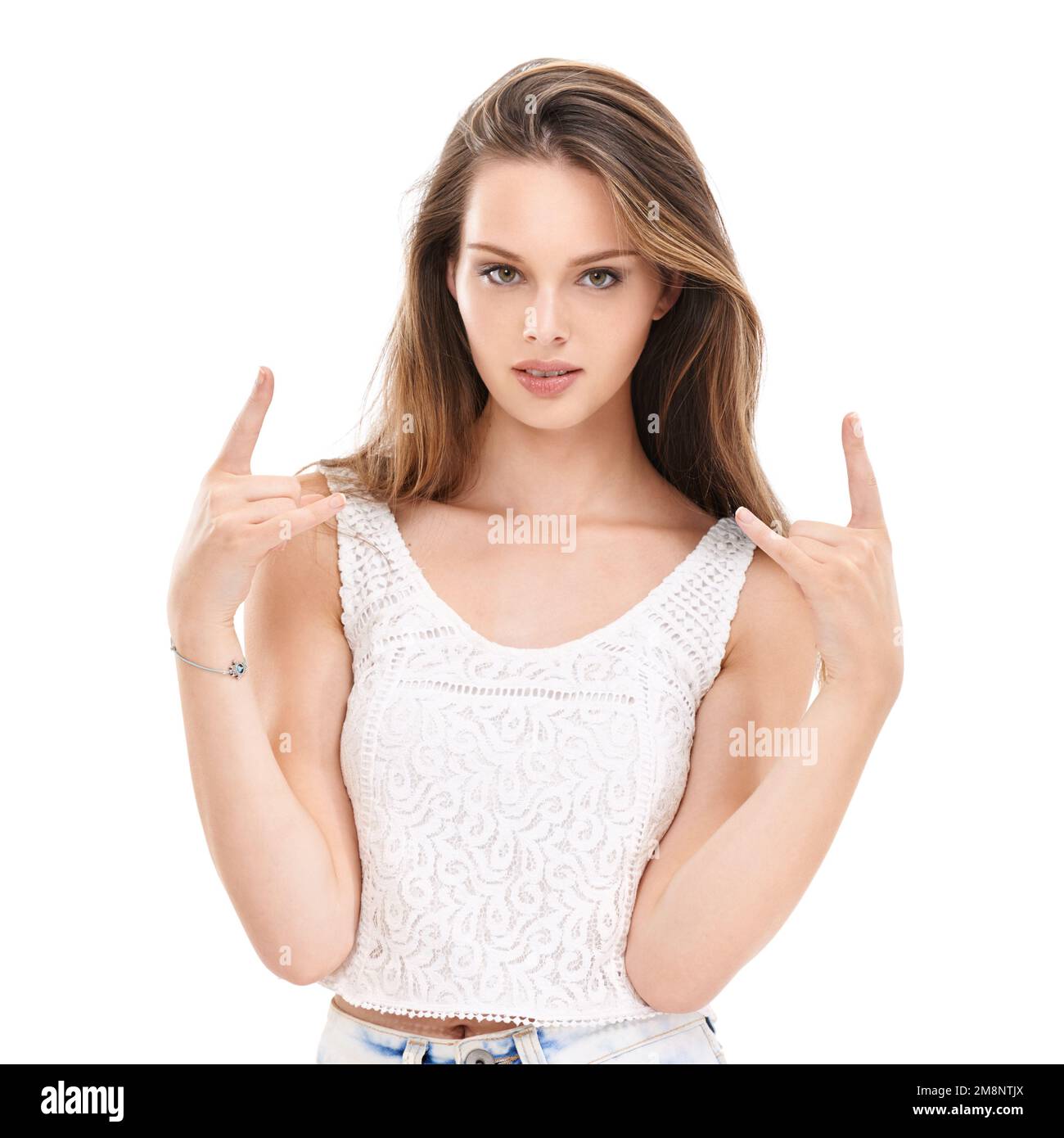 Portrait, hands or devil horns and a woman in studio isolated on a ...