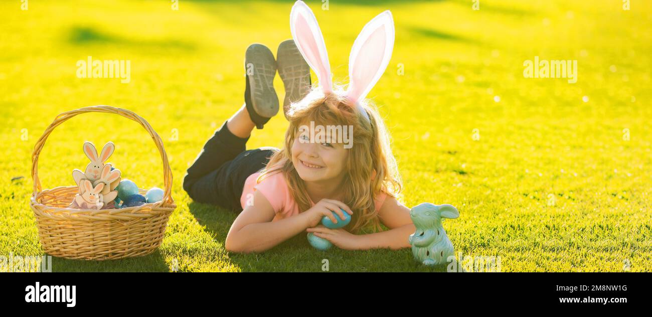 Happy easter bunny child boy. Horizontal photo banner for website ...