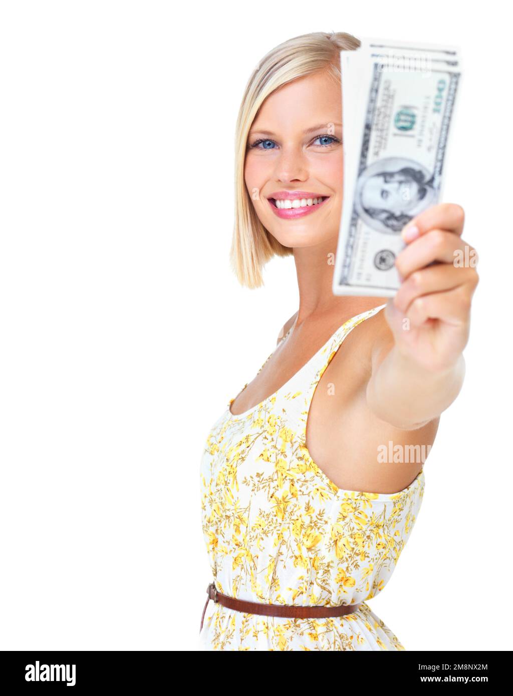 Im in charge of my money. Close-up of a pretty woman holding up dollar ...