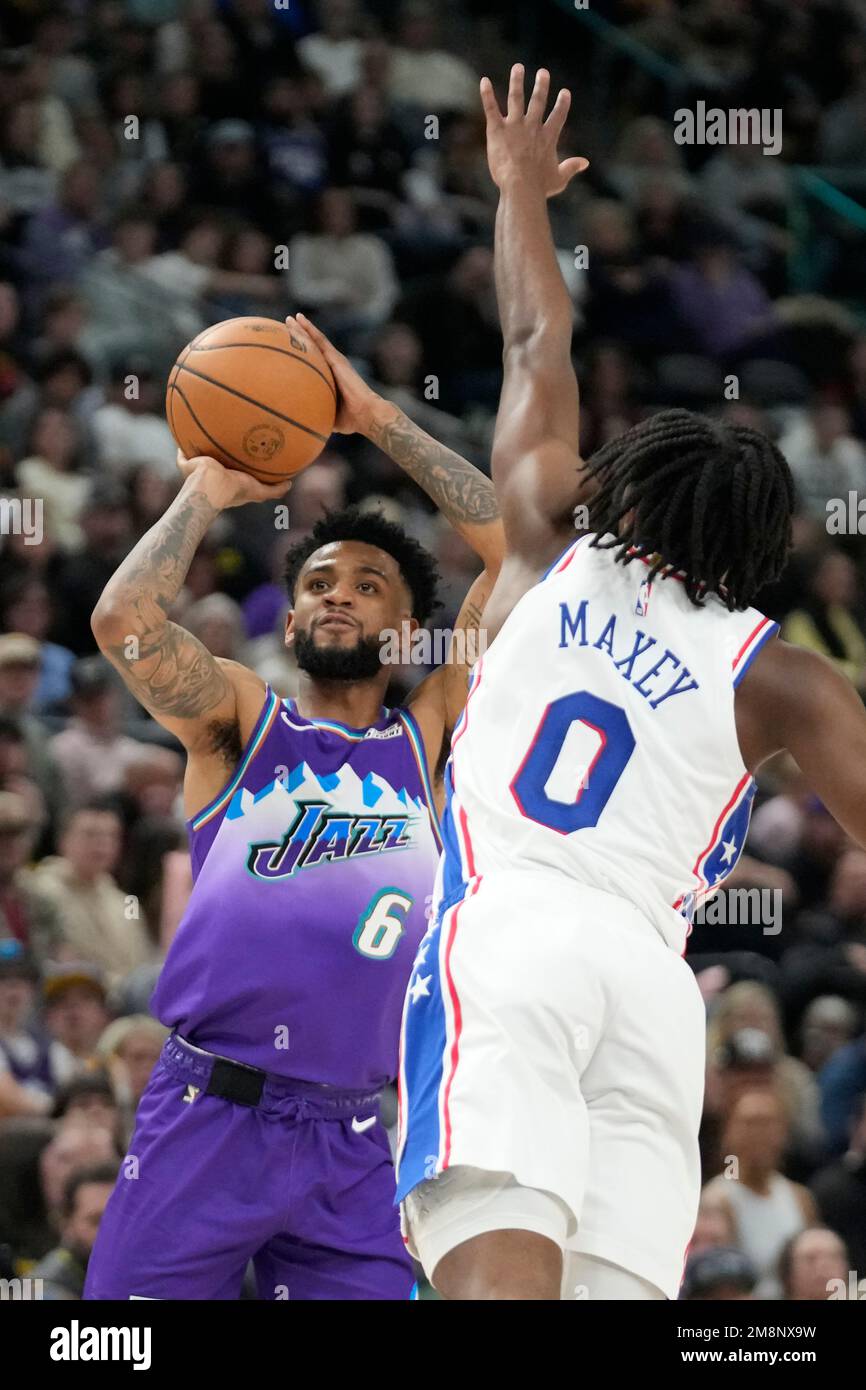 Utah Jazz guard Nickeil Alexander-Walker (6) shoots as Philadelphia ...
