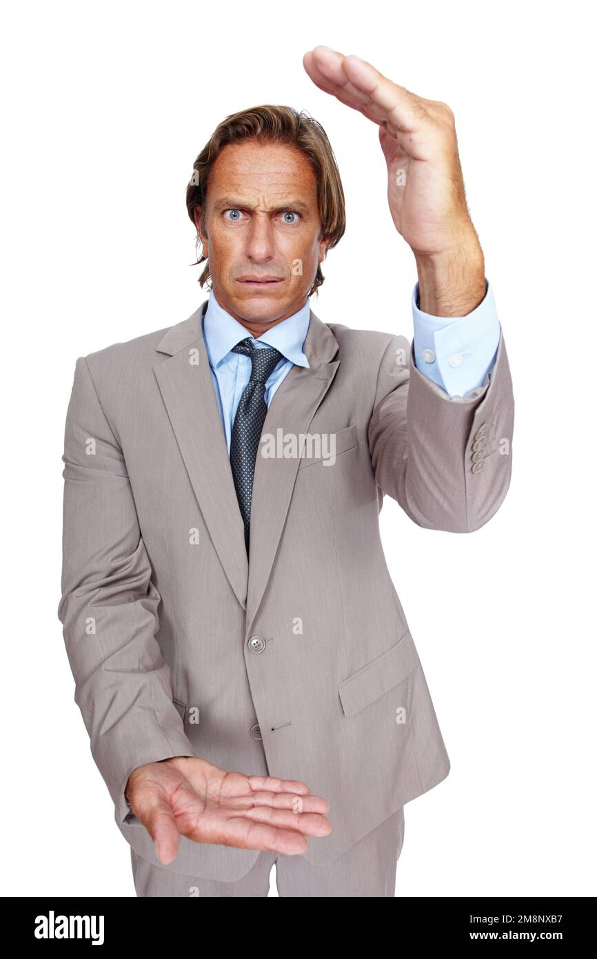 Portrait, hands and size with a business man in studio isolated on a ...