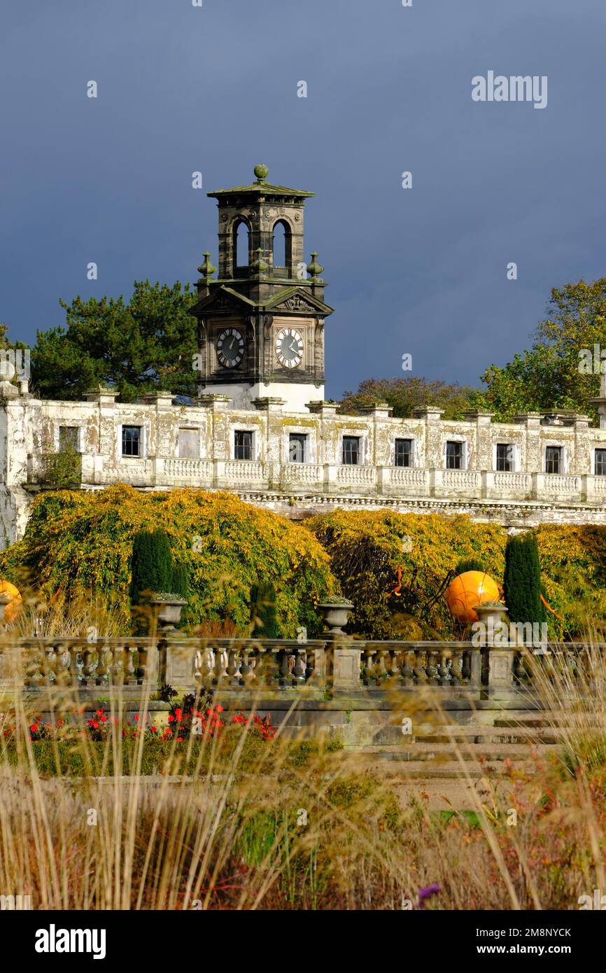 A vertical shot of Trentham Hall ruins at Trentham Gardens in Stoke on ...