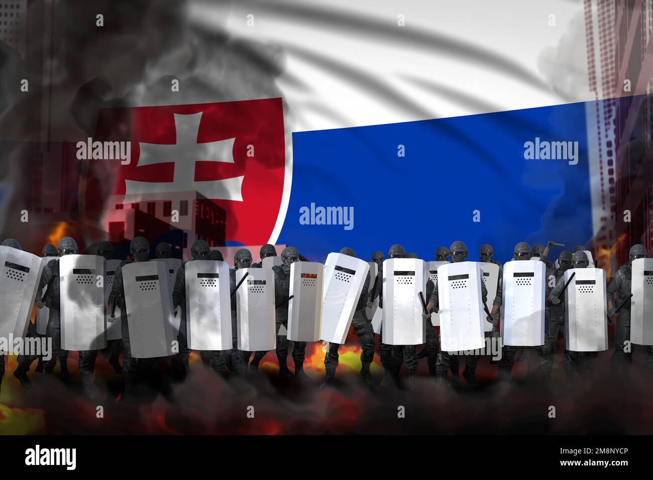 Slovakia protest fighting concept, police swat on city street are ...