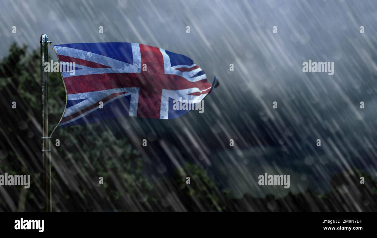 flag of United Kingdom (UK) with rain and dark clouds, rainfall ...