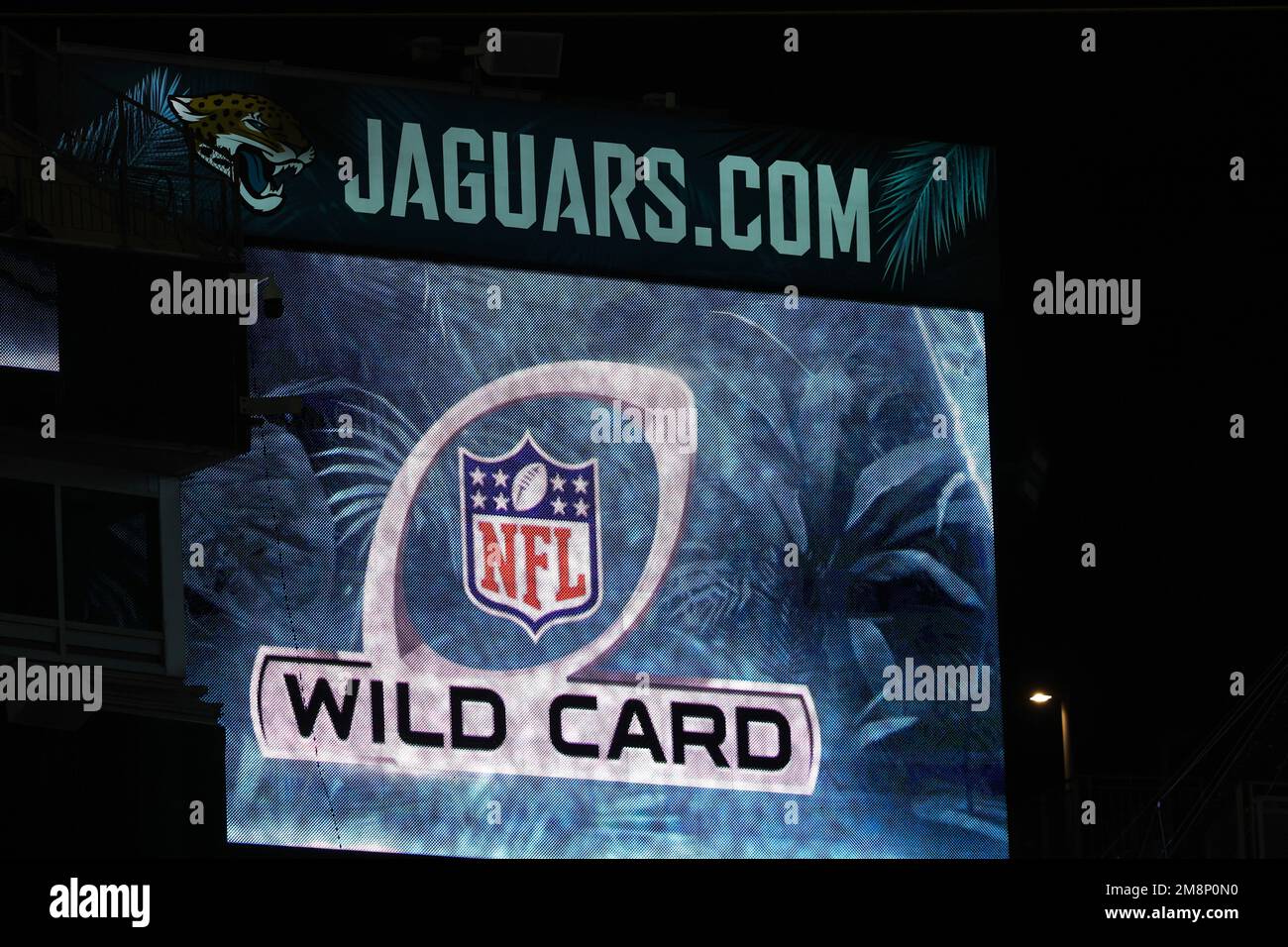 A video screen displays the NFL's Wild-card logo before an NFL wild ...