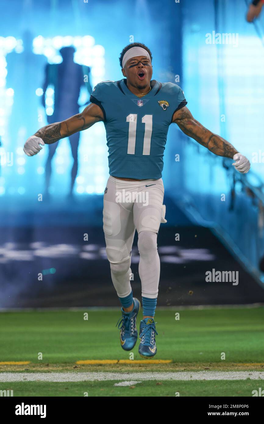 Jacksonville Jaguars wide receiver Marvin Jones Jr. (11) runs onto the field for an NFL wild ...