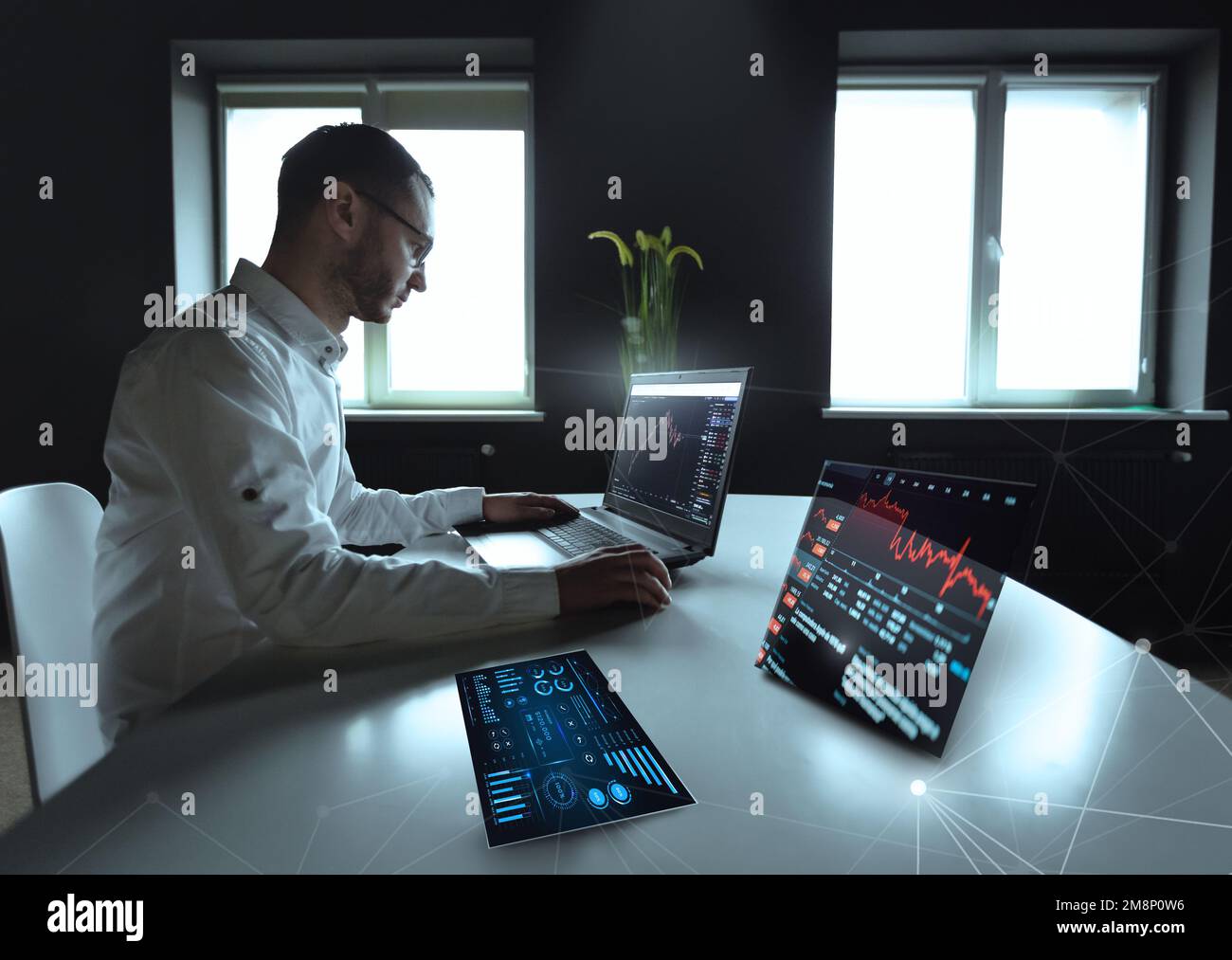 Laptop with abstract forex chart. Digital graph rising and falling ...