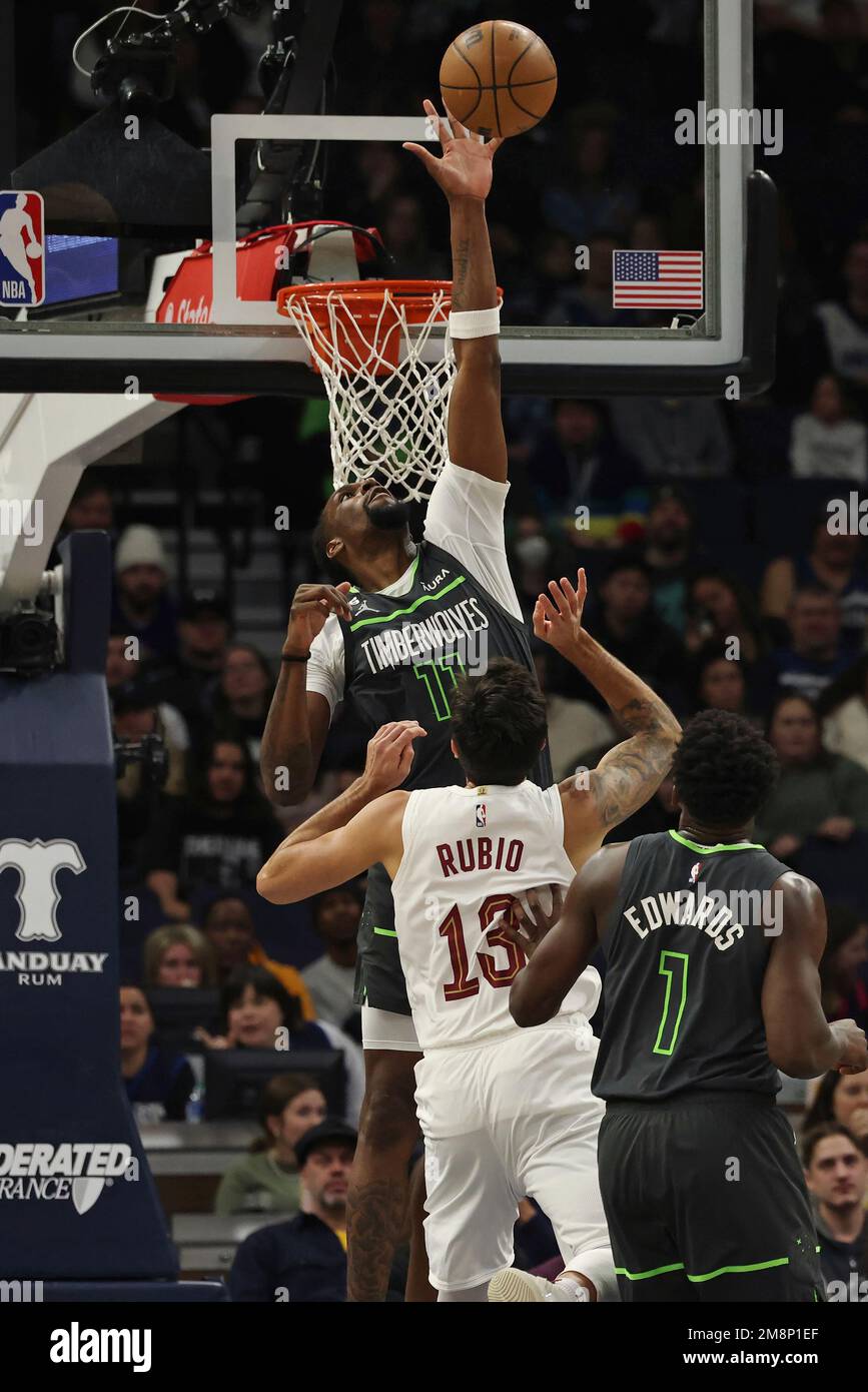 Minnesota Timberwolves center Naz Reid (11) blocks a shot by Cleveland ...