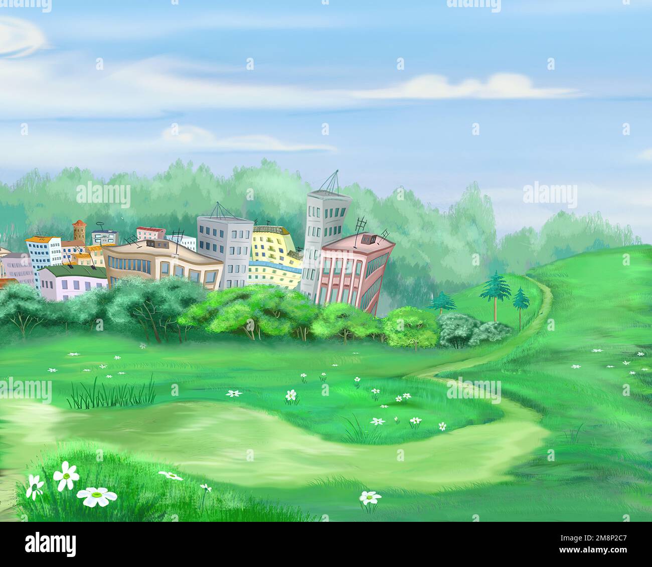 Suburban landscape on a summer day. Modern village in nature. Digital ...