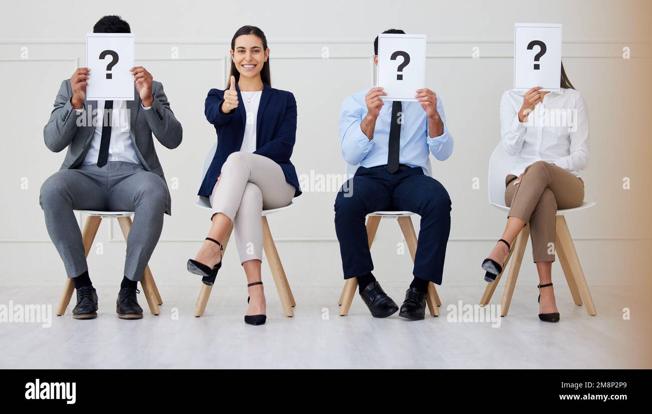 Mixed race businesswoman showing thumbs up and selected as candidate ...