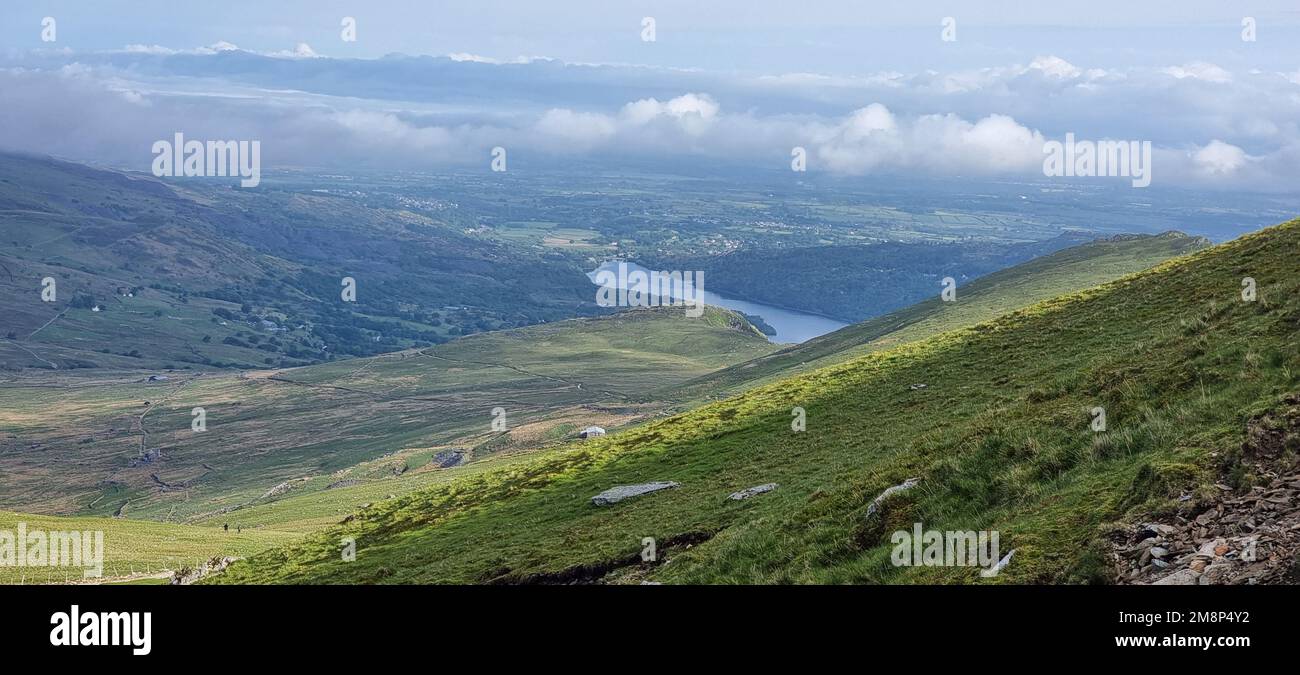 A Panoramic view of the Mount Snowdon on a sunny day on the Llanberis ...