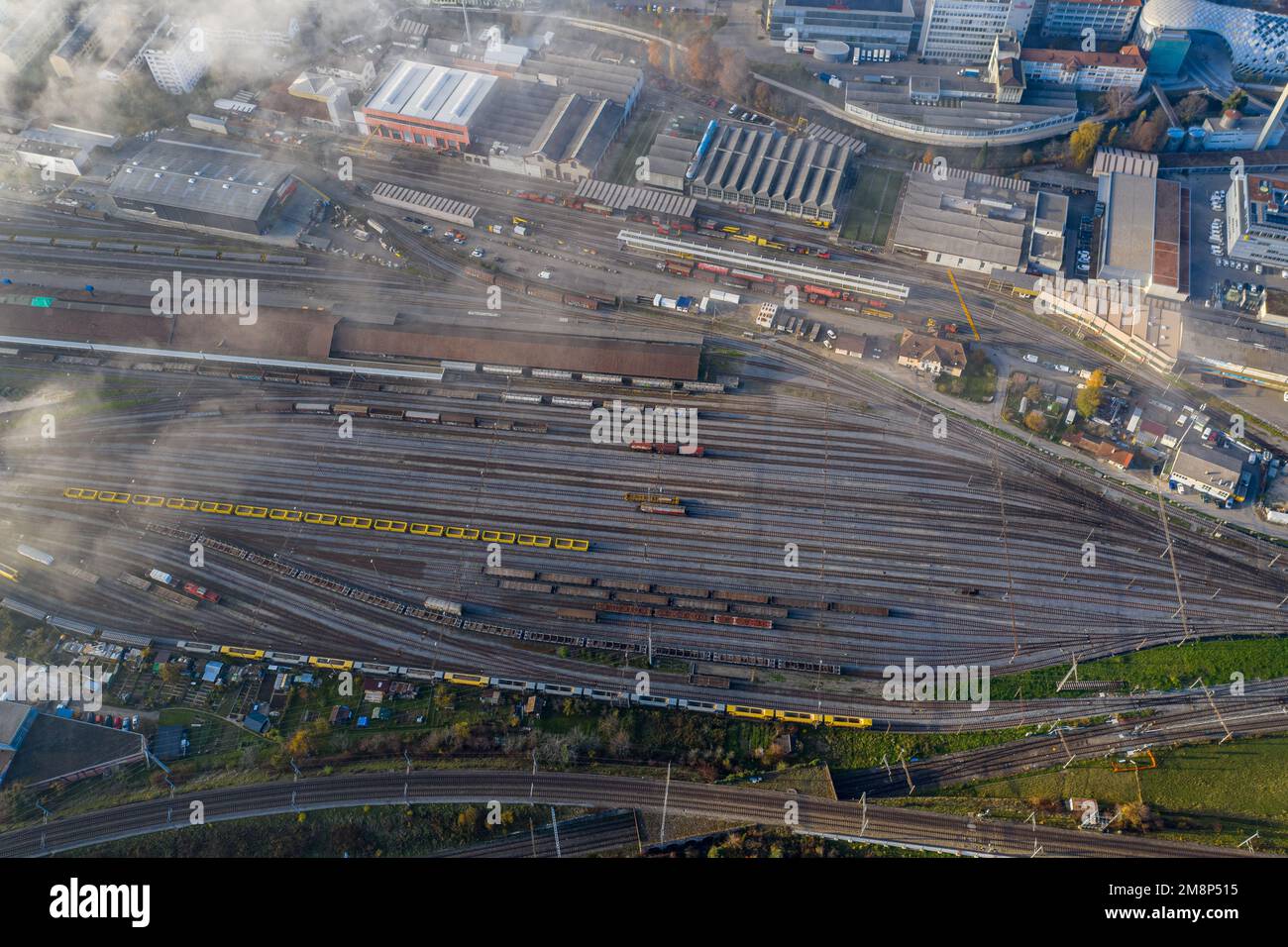 An aerial view of the cargo train station of Biel-Bienne town on a ...