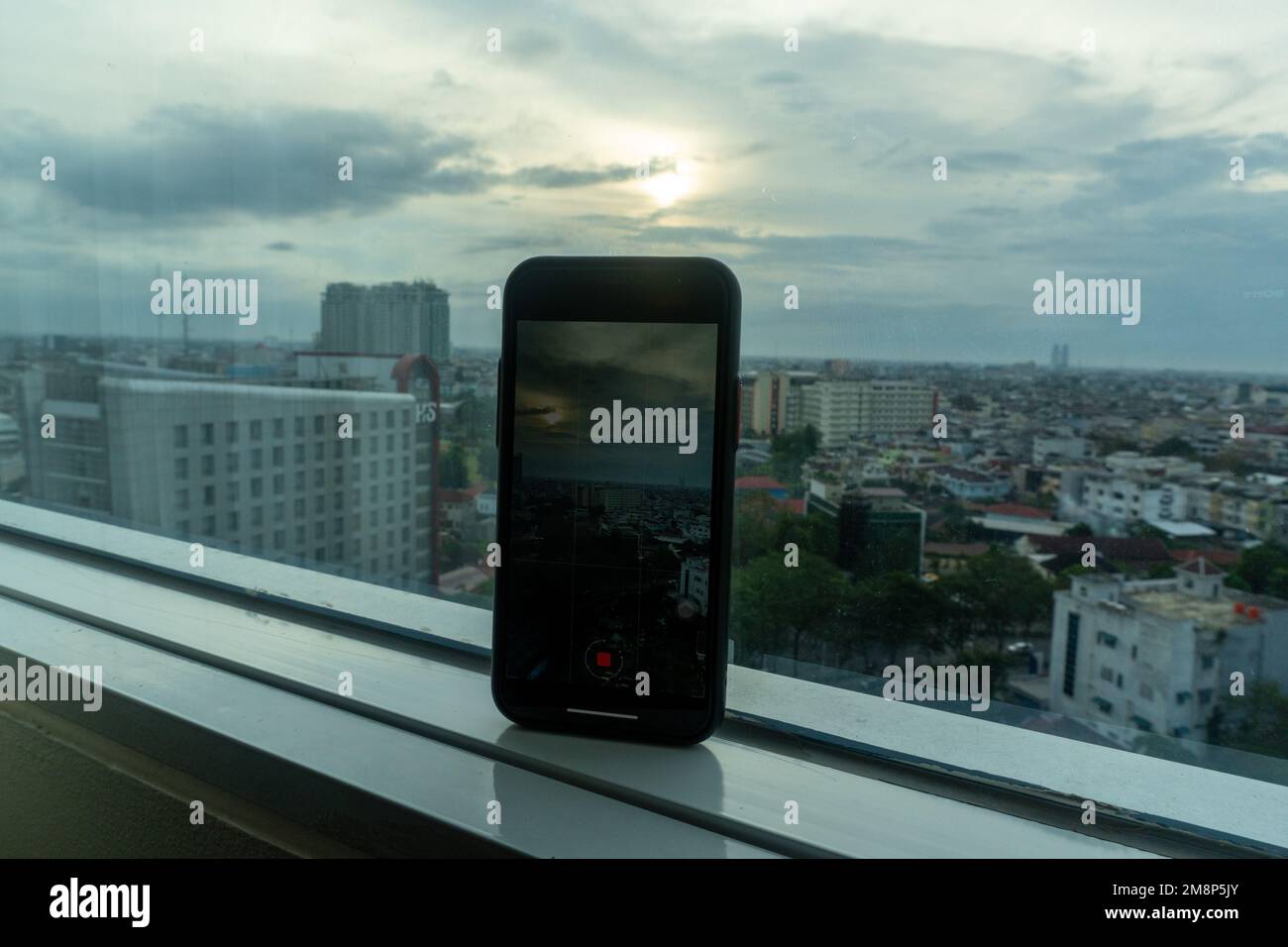City horizon with sky view from top of hotel window landscape Stock ...