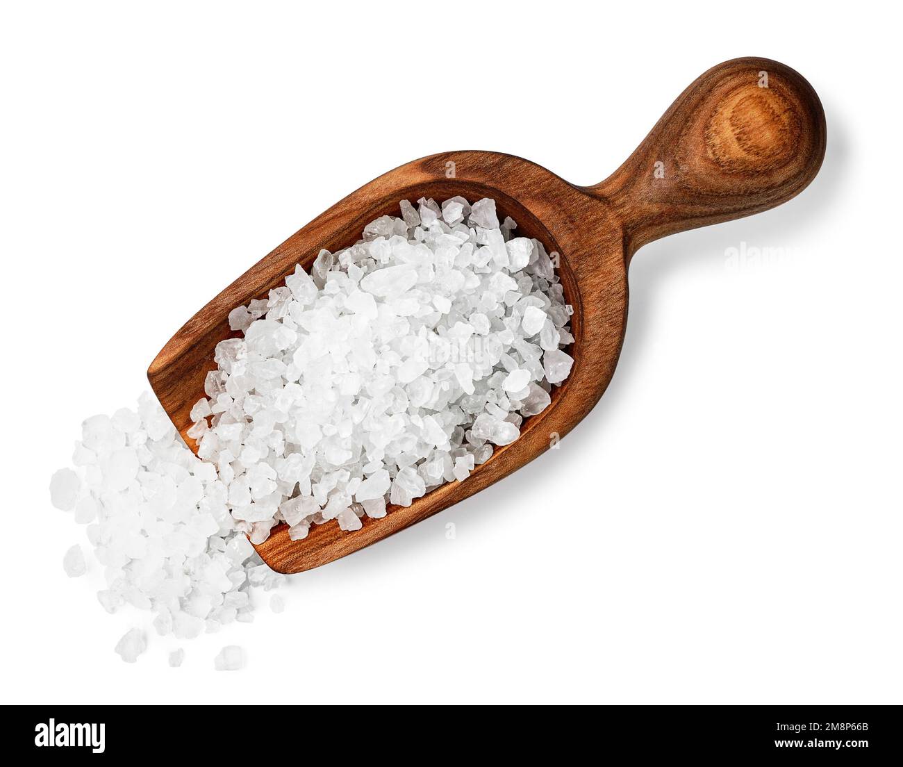 top view of sea salt crystals in wooden scoop isolated on white Stock ...