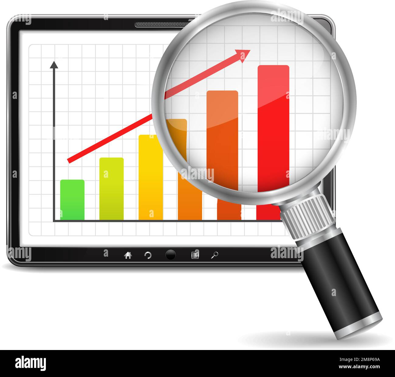 Magnifying glass showing growing bar graph on the screen of tablet ... Magnifying glass showing growing bar graph on the screen of tablet ...