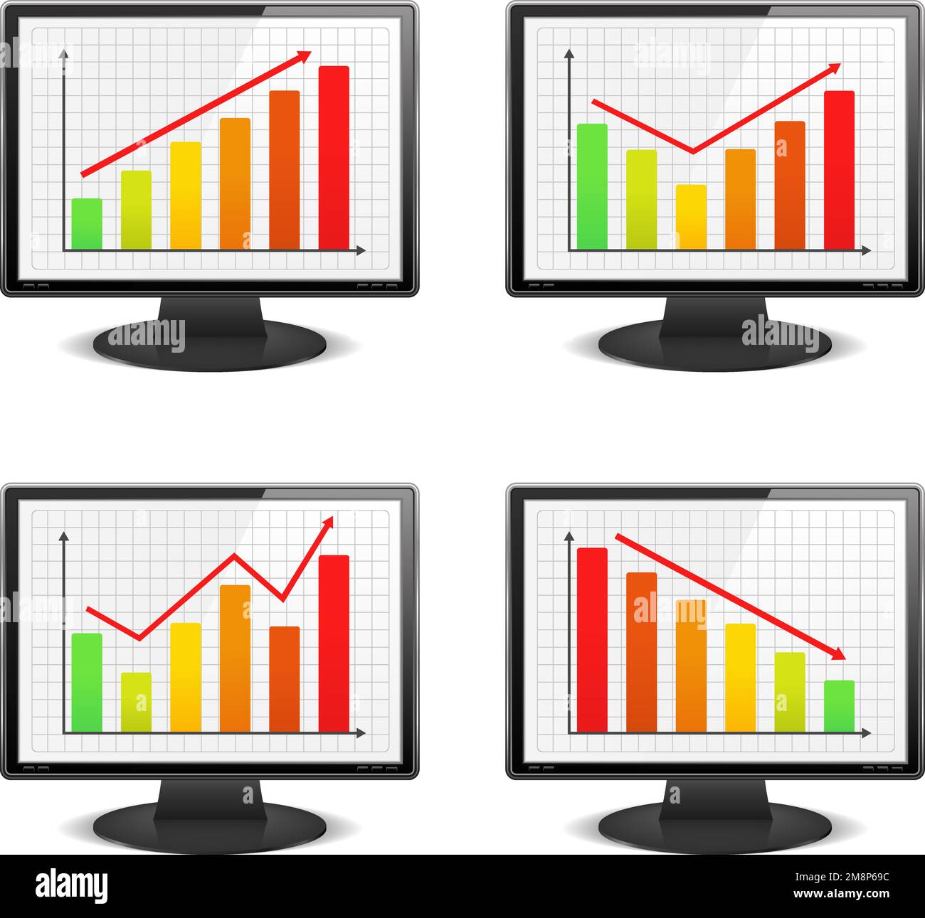 Computer monitors with different graphs, vector eps10 illustration ...